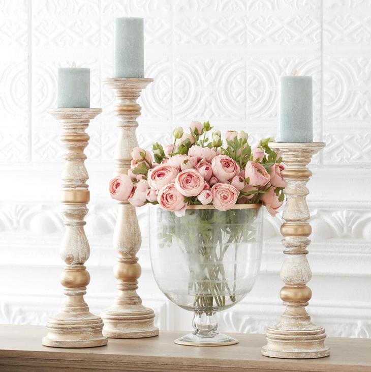 Set of 3 Gold Whitewashed Curved Wooden Candle Sticks | Home Decor ...