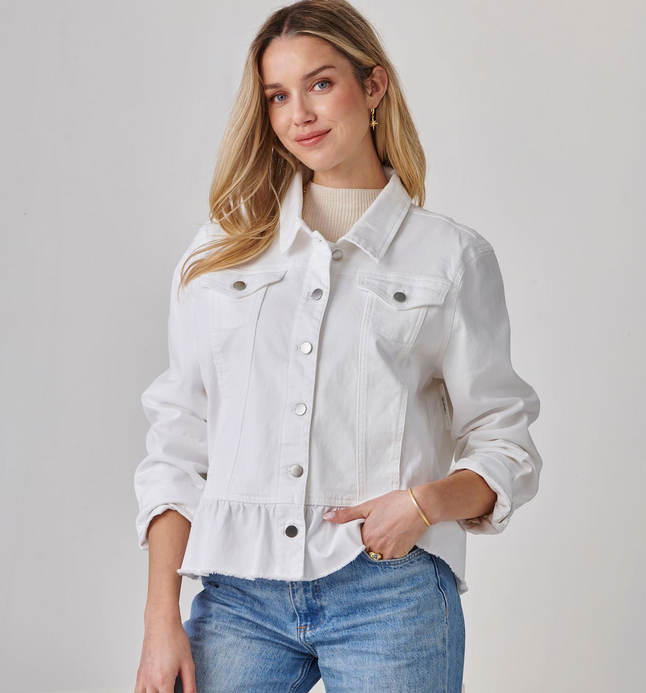 White Ruffle Jean Jacket By: Charlie Paige | Ladies Apparel - The Last ...