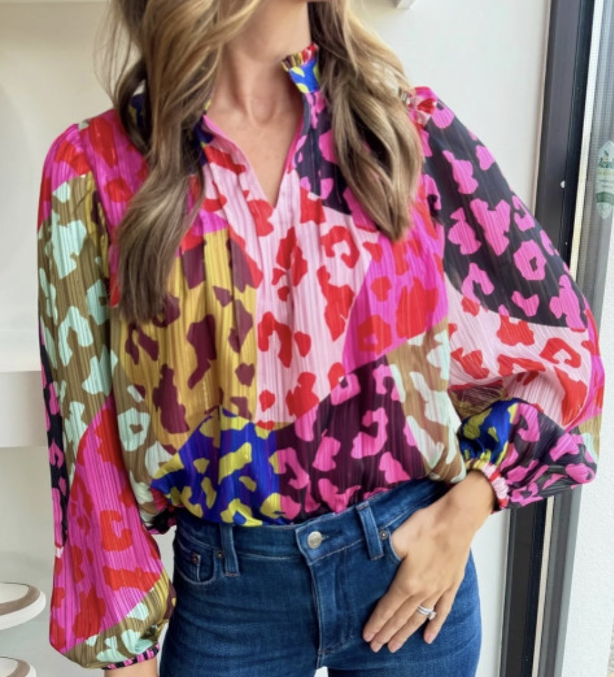 Rose Leopard Color Block Crinkle Blouse - LA Trends Addict