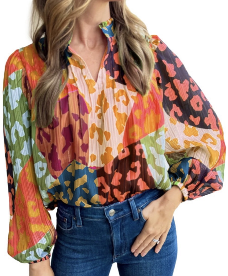 Orange Leopard Patchwork Blouse - LA Trends Addict