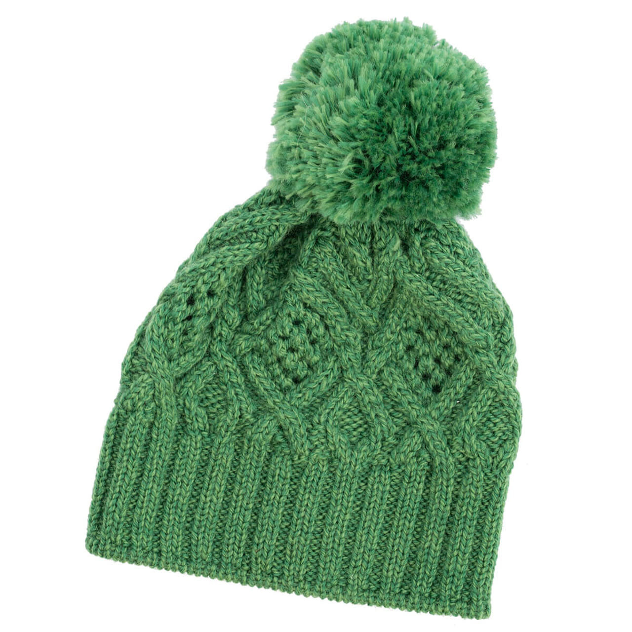 SAOL Knitwear Aran Wool Bobble Hat (Green) - British Isles