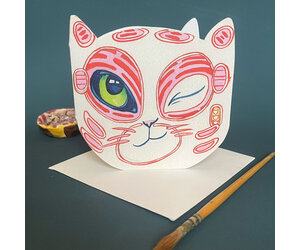 Watercolor Winking Cat Face Die Cut Greeting Card - British Isles