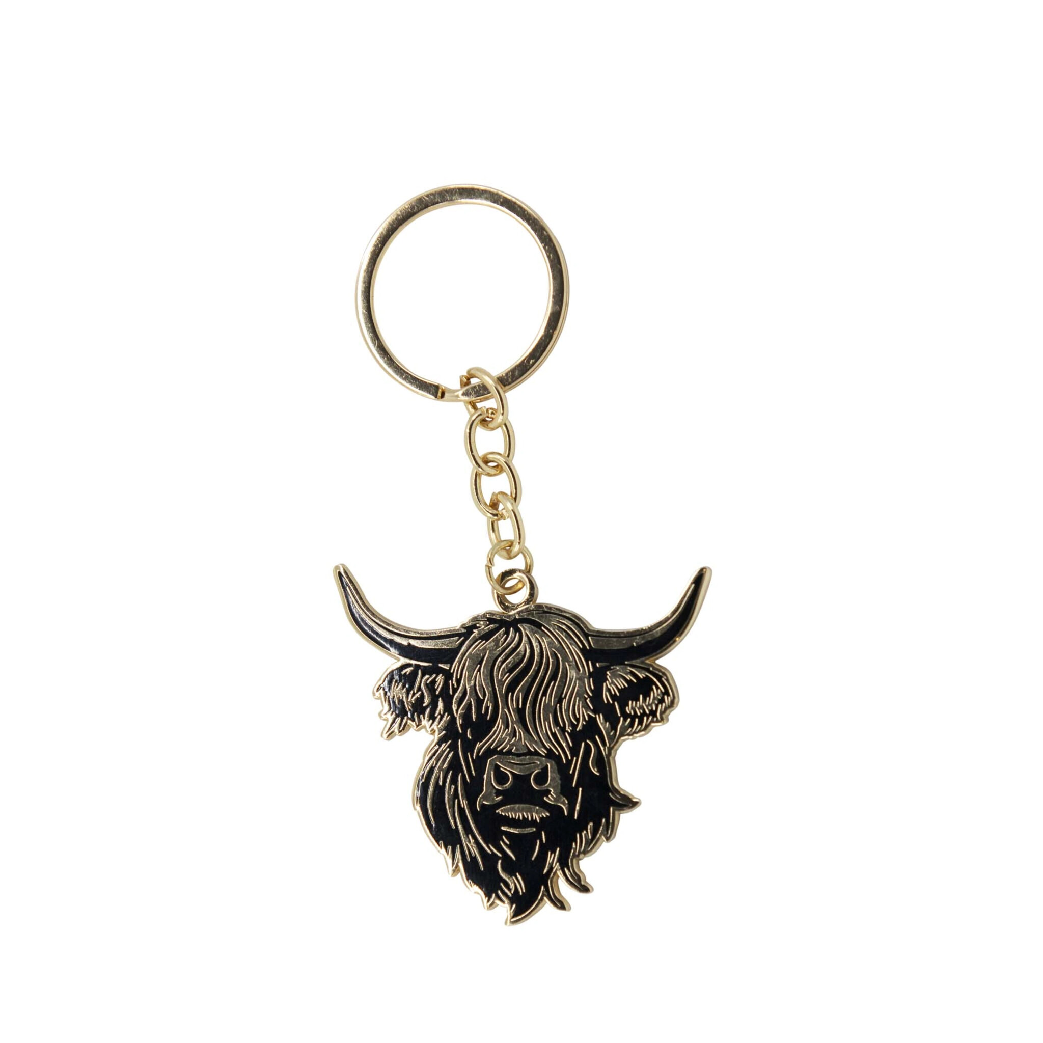 Heilan Coo Black & Gold Enamel Keyring - British Isles