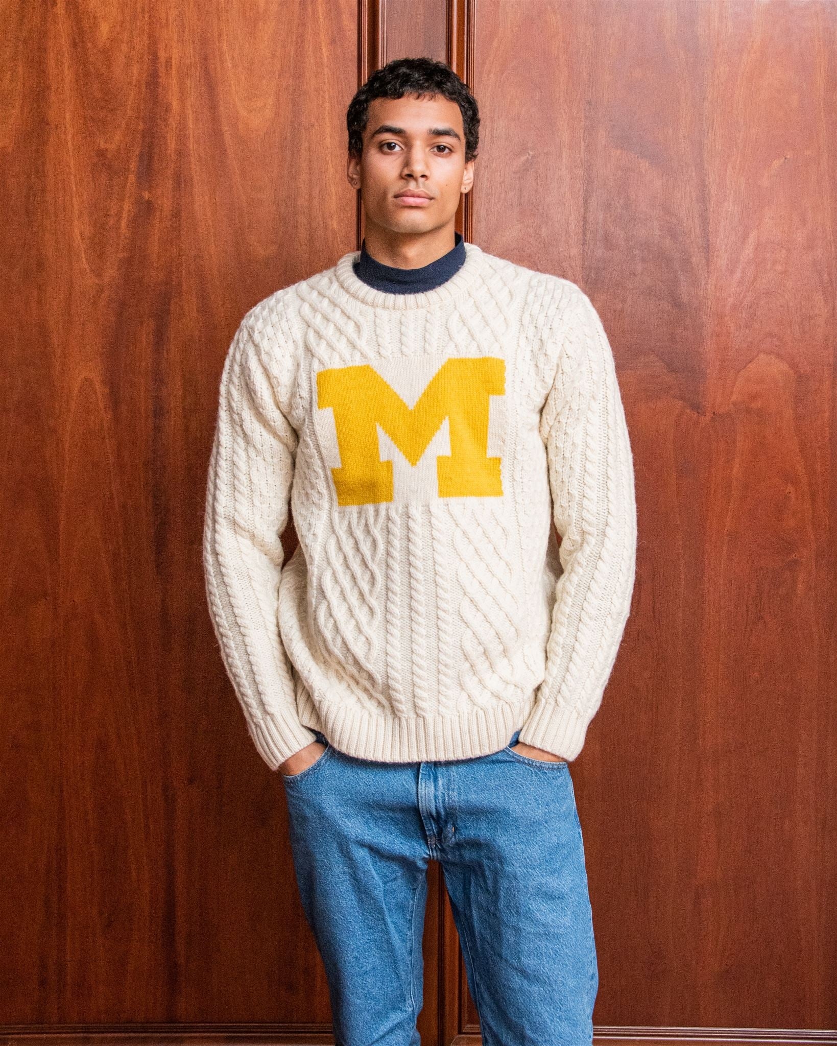 Collegiate Knitwear Block M Cable Knit Sweater - Van Boven