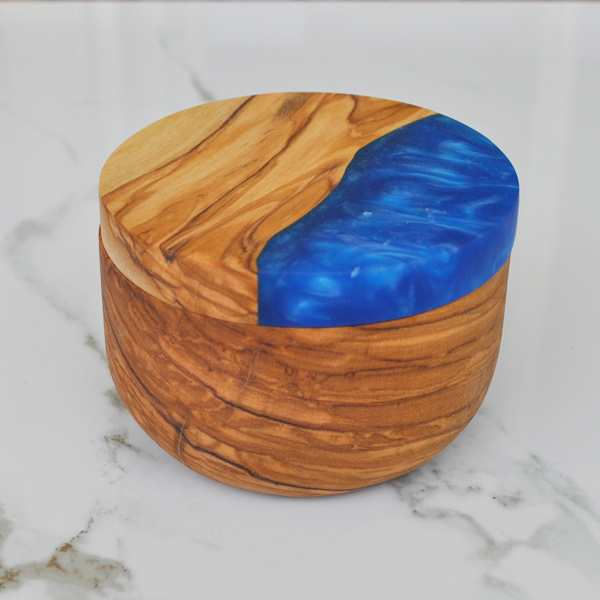 Olive Wood Salt Cellar with Blue Resin - Olive R Twist Olive Oil Co