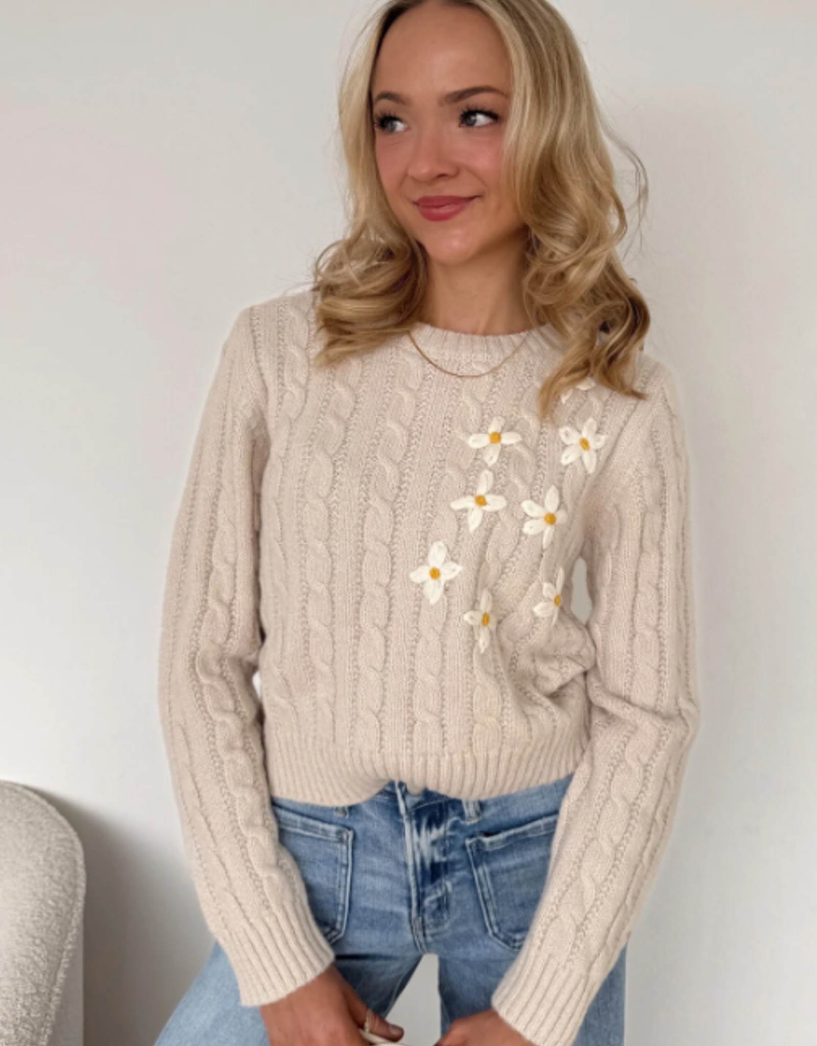 Jersey Embroidered Daisy Sweater - Women’s Clothing | The Pink Turtle