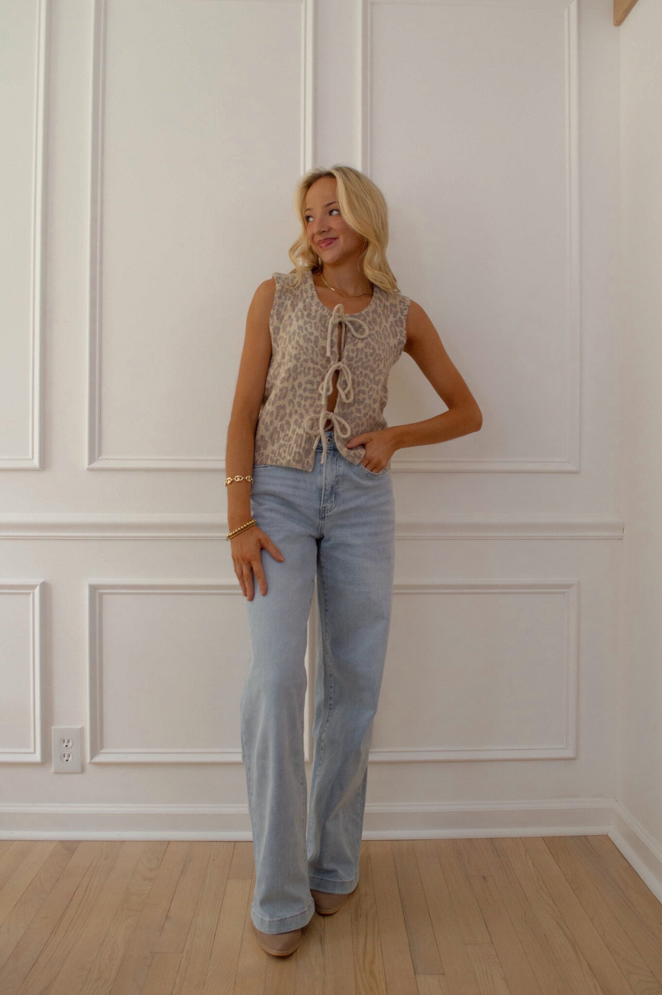 Dove Leopard Pattern Tied Front Knitted Vest - Women’s Clothing | The ...