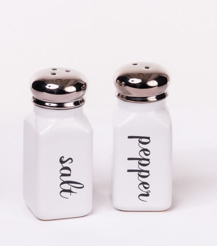 Salt and Pepper white stoneware with chrome tops - Awesome Brooklyn
