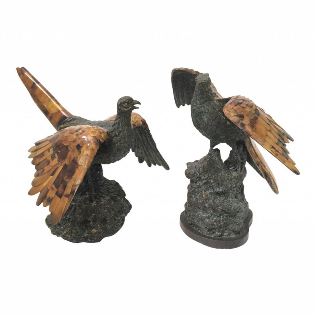 Set of Two Verdigris Brass Patina Birds with Tiger Penshell Accents ...