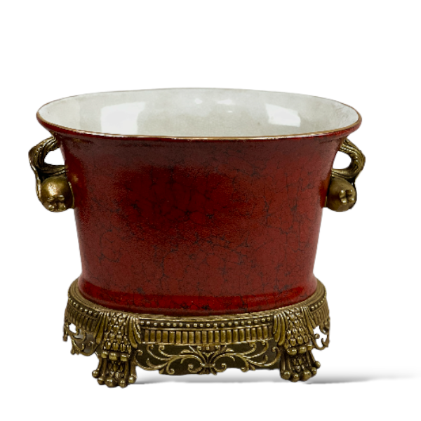 Burgundy Porcelain Cachepot w Pomegranate Antiqued Brass handles and ...