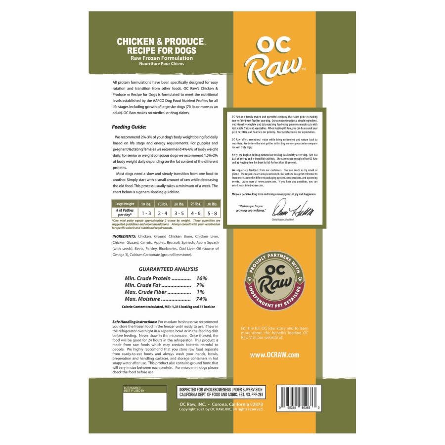 OC RAW Frozen Dog Chicken & Produce Recipe - The Fish & Bone