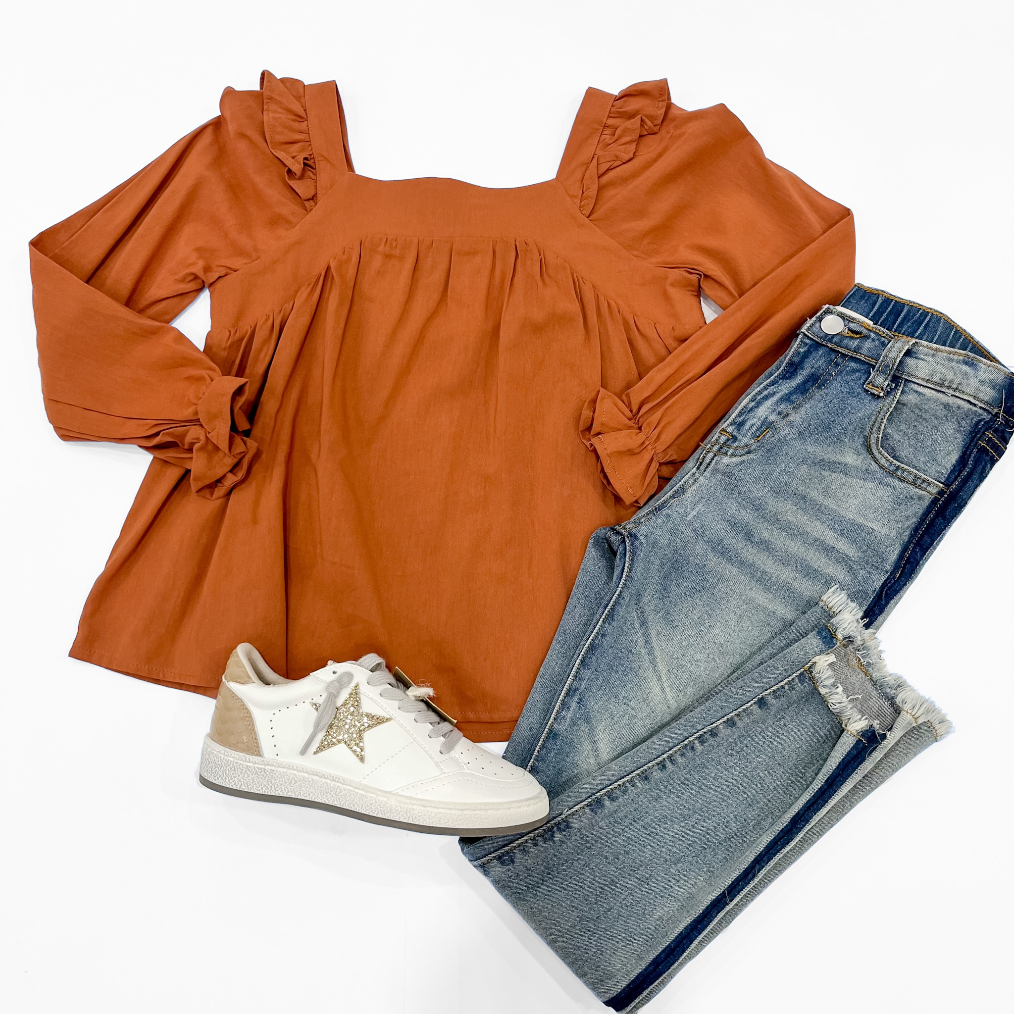 Tween Brown Ruffle Shoulder Top - The Magnolia
