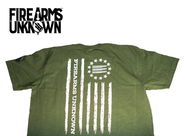 Firearms Unknown FU 3% Front / Flag Back T-Shirt Green - Firearms Unknown