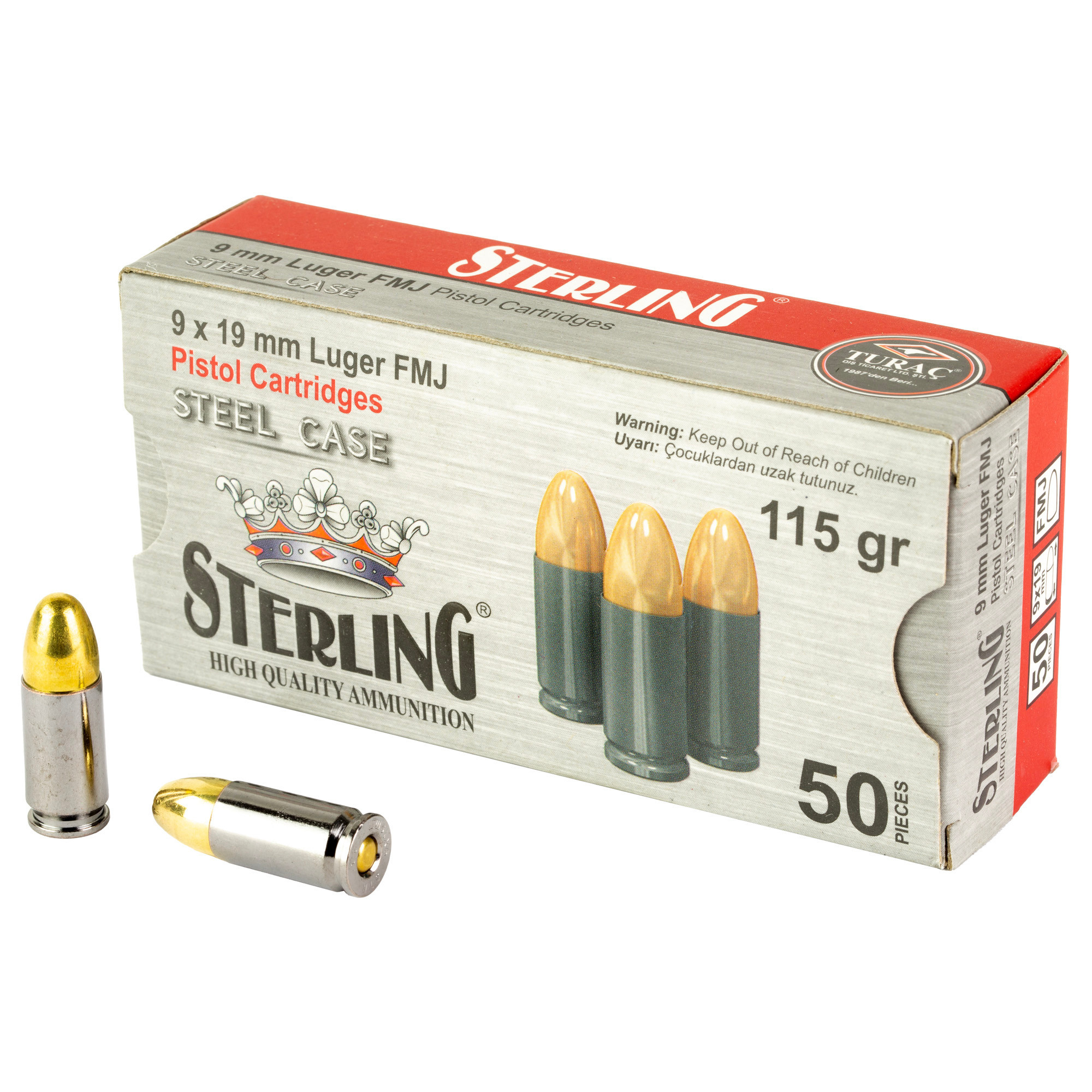 Sterling, 9mm, 115 Grain, Full Metal Jacket, 50 Round Box, Steal Case ...