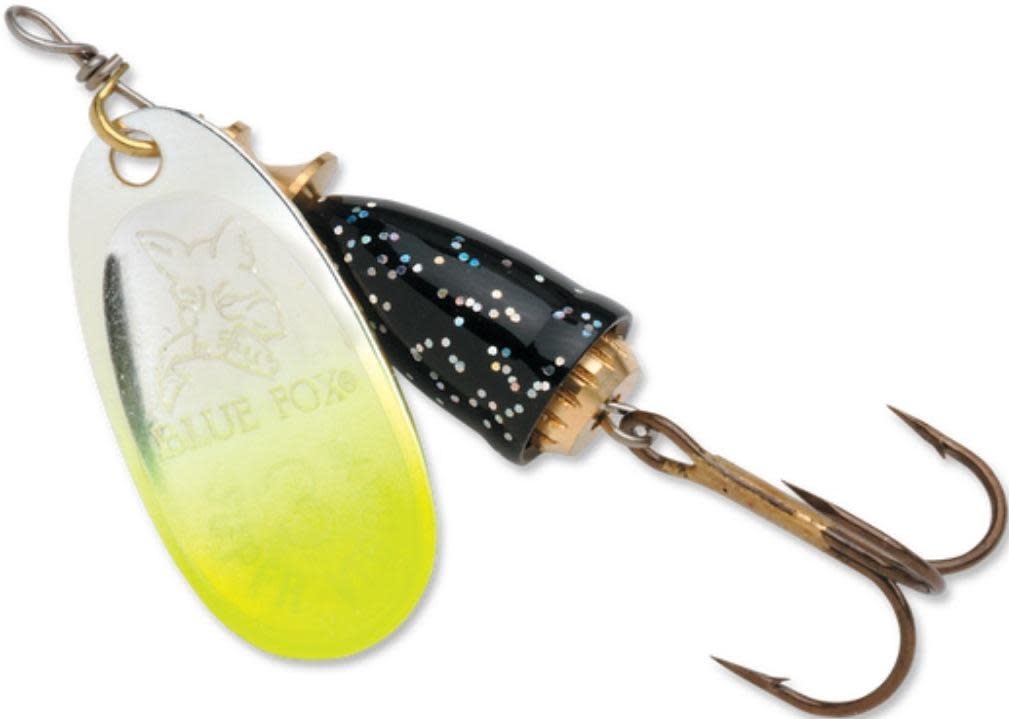 Vibrax Blue Fox 7/16 Oz. - Chartreuse Tipped, Black w/ Flake - Larry's ...