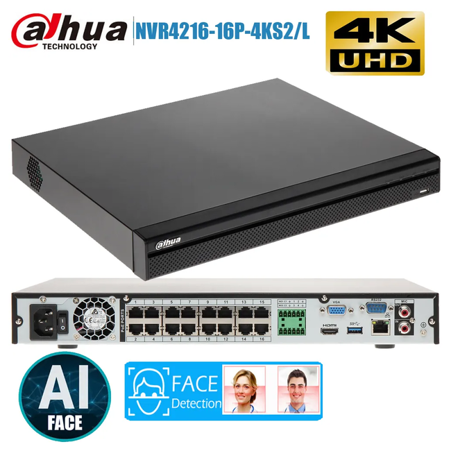 DAHUA 16 Channel 1U 2HDDs 16PoE Network Video Recorder DHI-NVR4216-16P-4KS2/L - Super ...