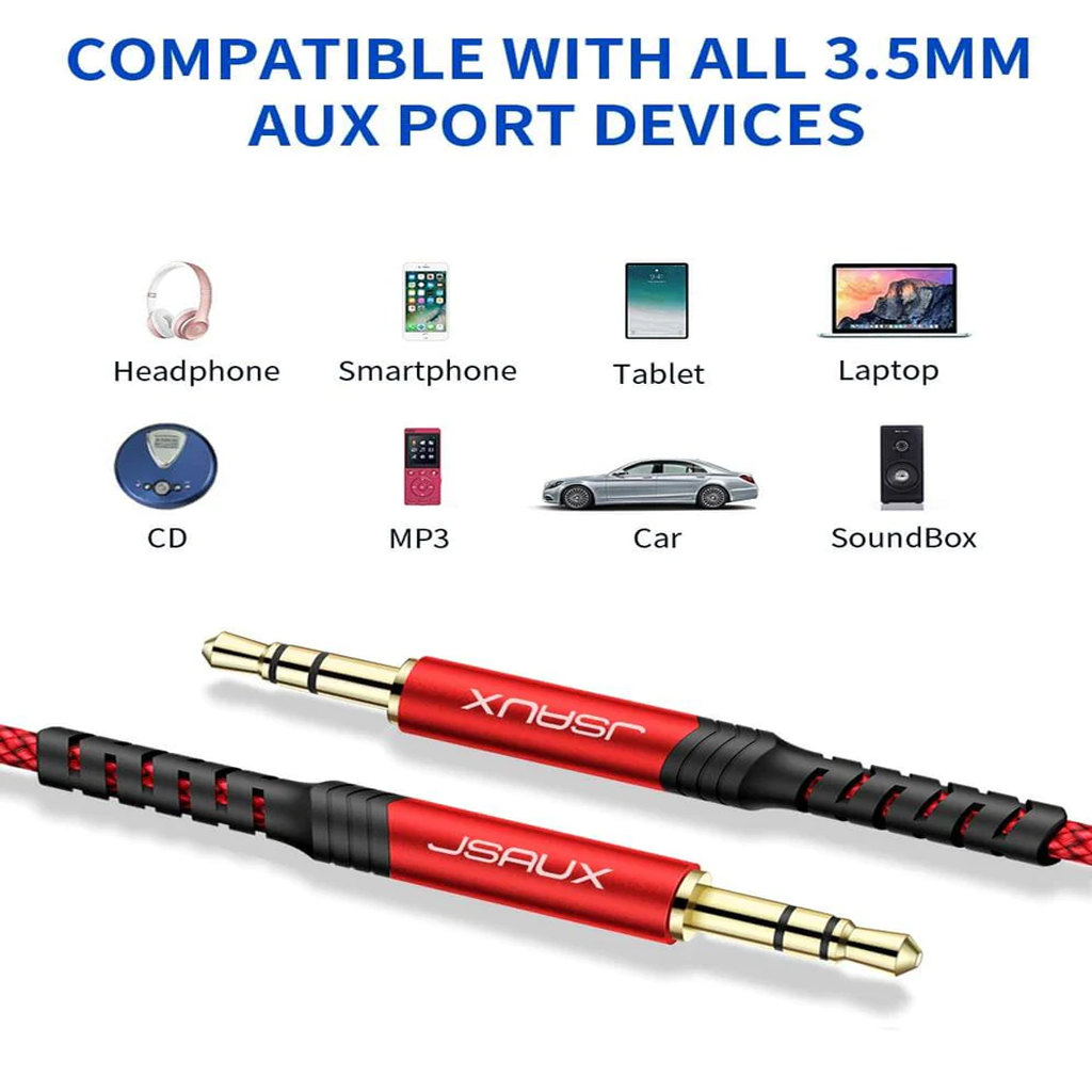 JSAUX Audio Red Cable 3.5mm to 3.5mm Male 1.2M 2-Pack Braided - Super ...