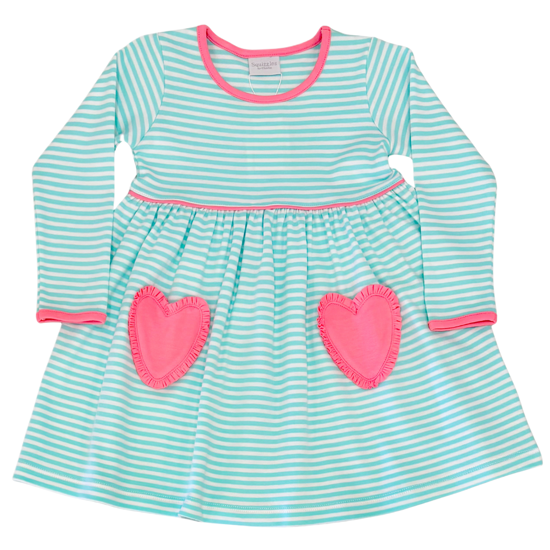 Squiggles Mint Stripe/Hot Pink Heart Pocket Dress - Bibs and Kids Boutique