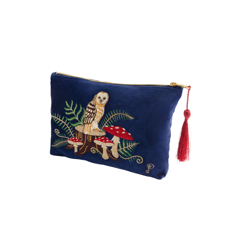 Powder Velvet Zip Pouch Woodland Owl - The Art of Home