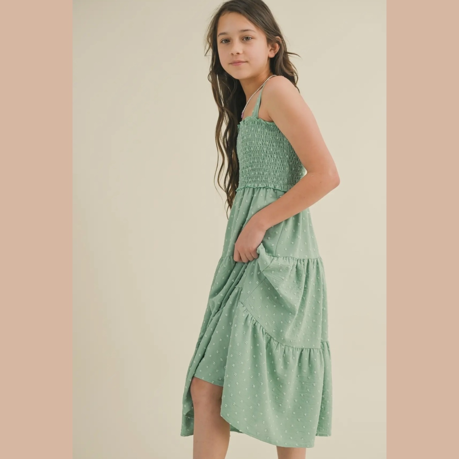 Tween Girl Sage Swiss Dot Midi Dress - Ruffle Me This