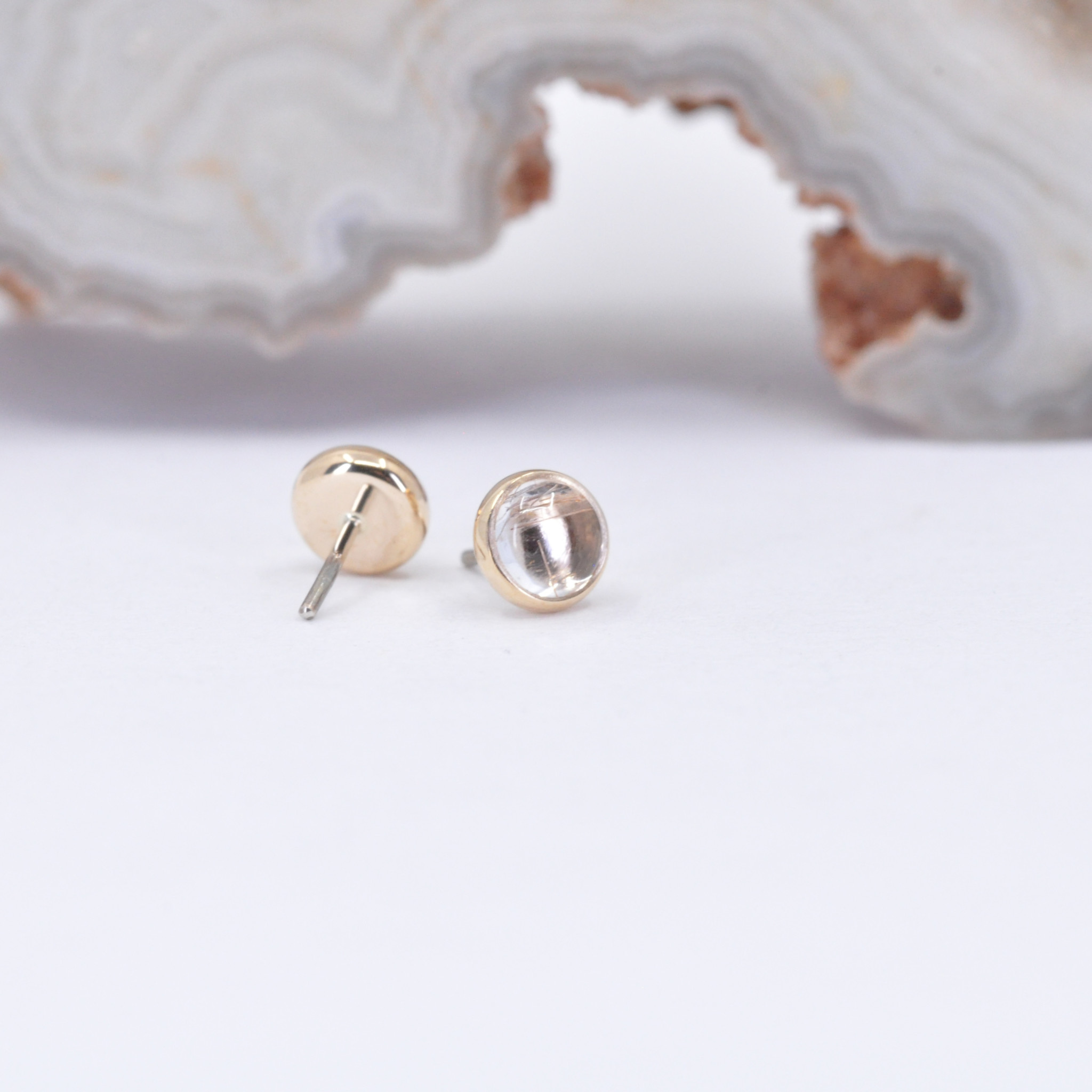 3mm Cup with Rutilated Quartz Cabochon 14k Yellow Gold Threadless Ends ...