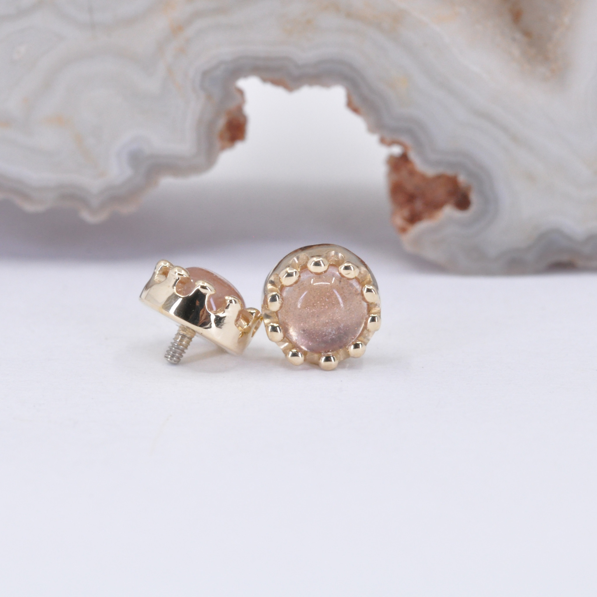 6mm Crown Prong Oregon Sunstone Cabochon Yellow Gold 16g Threaded Ends ...