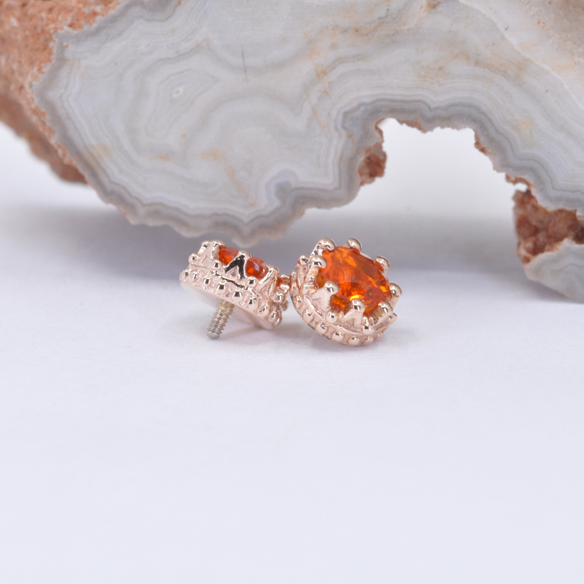 6mm Crown Prong with Faceted Mexican Fire Opal Rose Gold 16g Threaded Mint Piercing