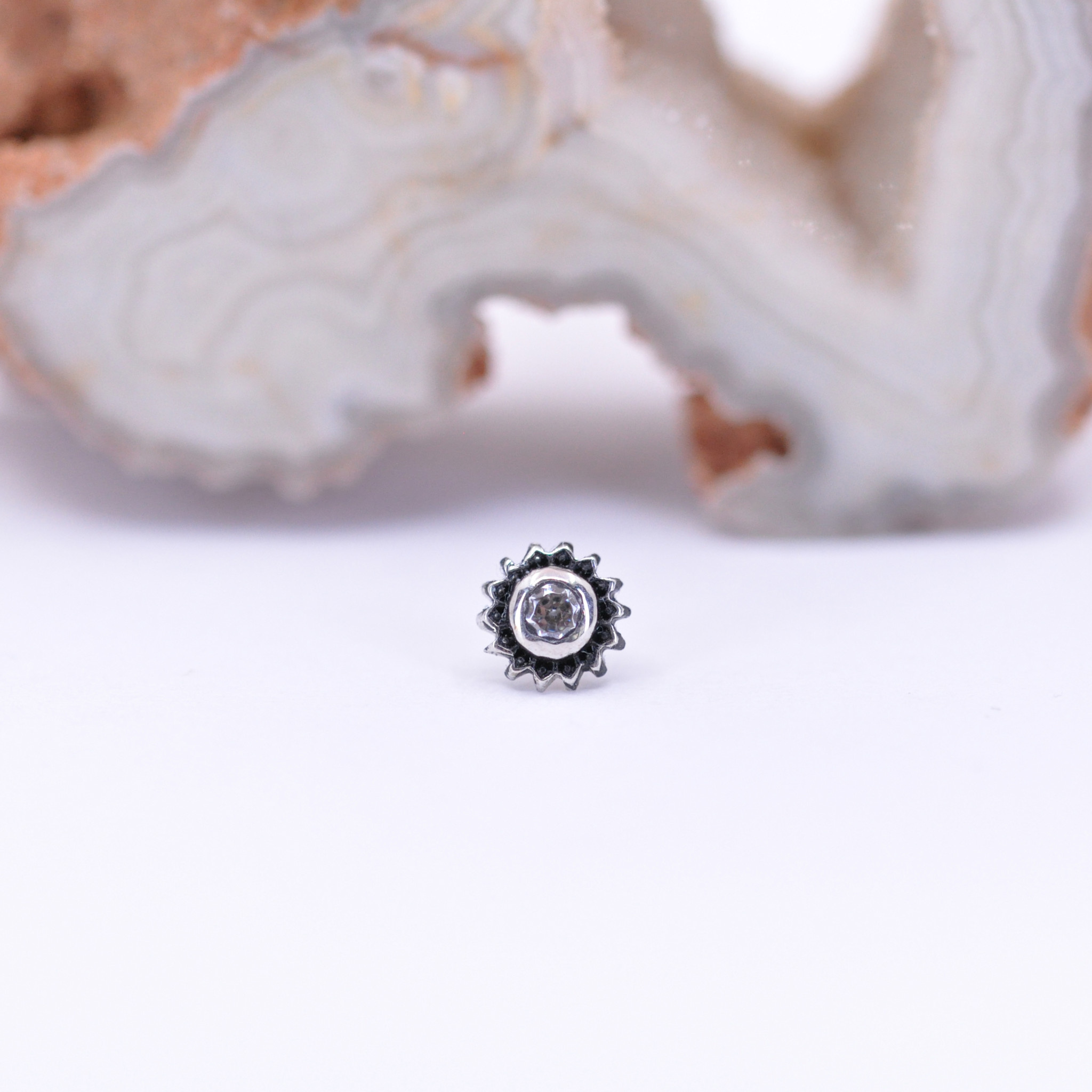 Peony with CZ 14k White Gold Threadless End by Maya Jewelry - Mint Piercing