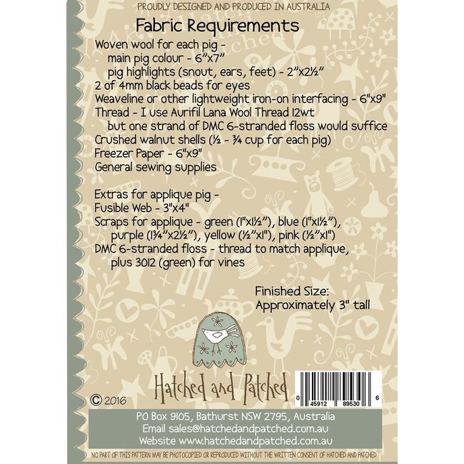 Hatched and Patched Pin Pig Wool Applique Pattern - Stitch by Stitch