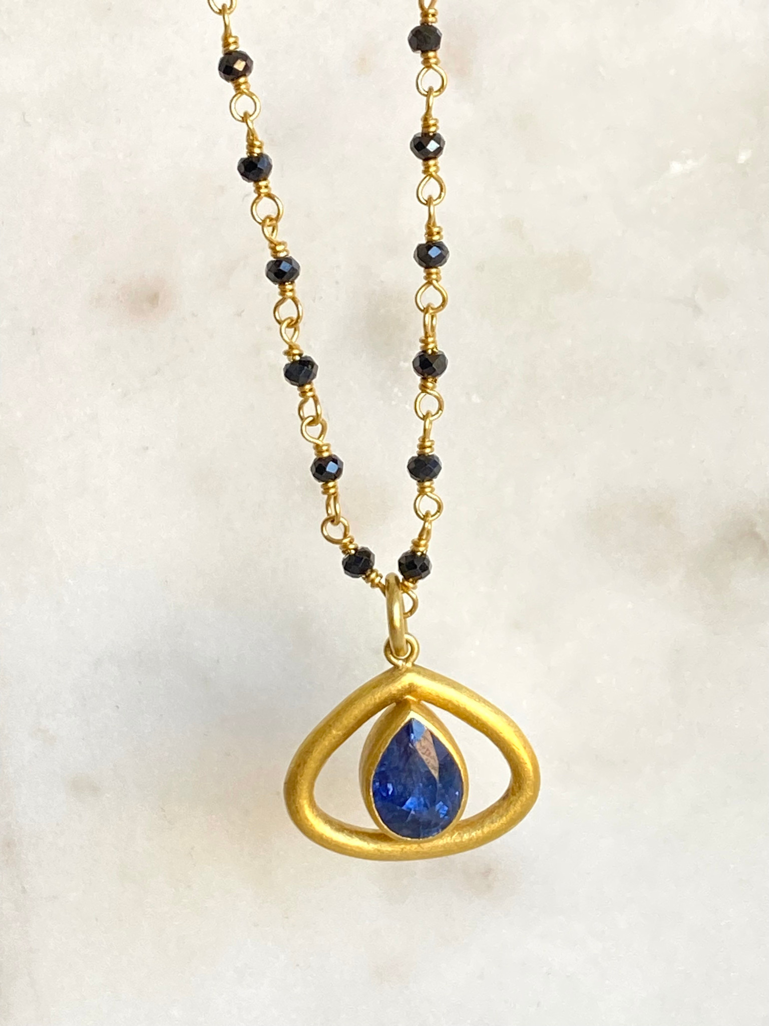 Spun Sugar Necklace - Black Spinel with Blue Sapphire Kitkat Pendant - Kiki