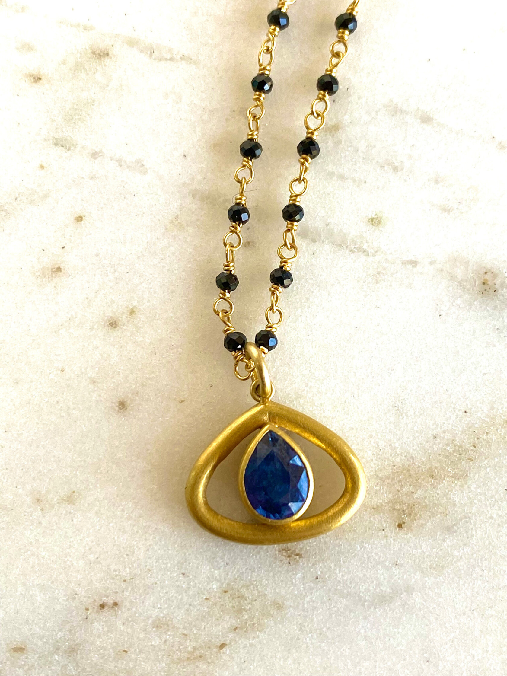Spun Sugar Necklace - Black Spinel with Blue Sapphire Kitkat Pendant - Kiki