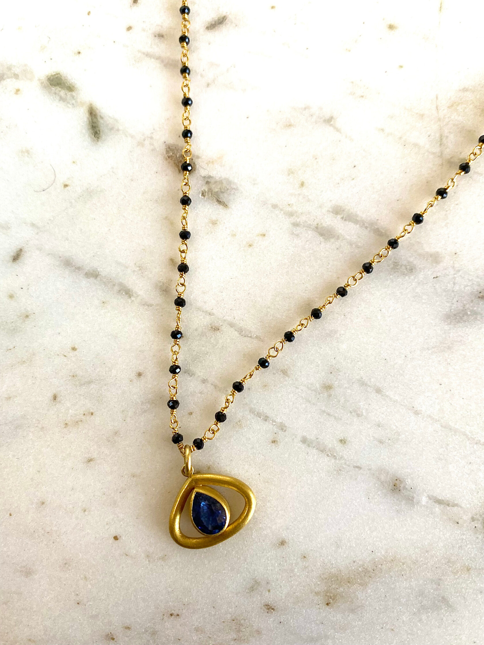 Spun Sugar Necklace - Black Spinel with Blue Sapphire Kitkat Pendant - Kiki
