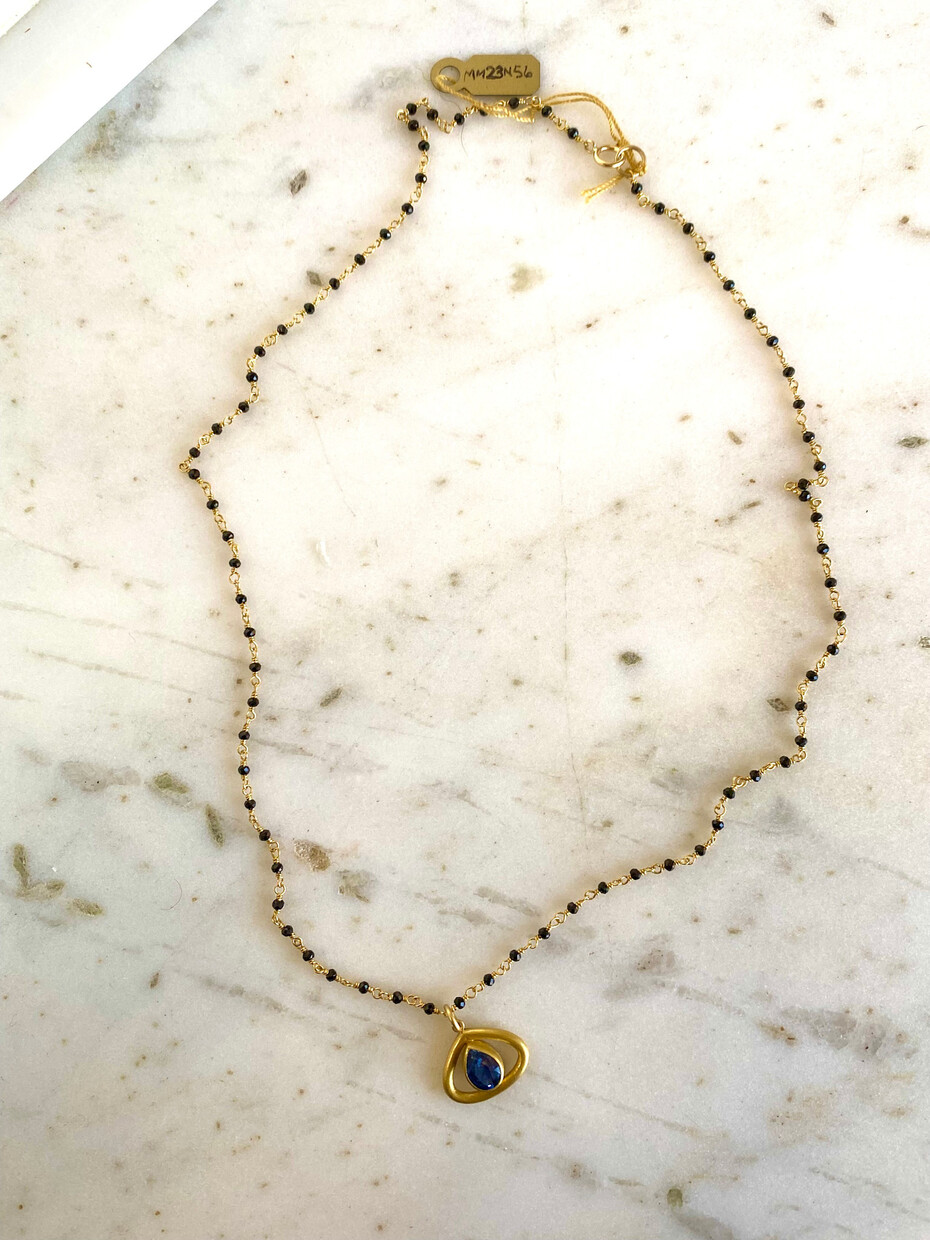 Spun Sugar Necklace - Black Spinel with Blue Sapphire Kitkat Pendant - Kiki