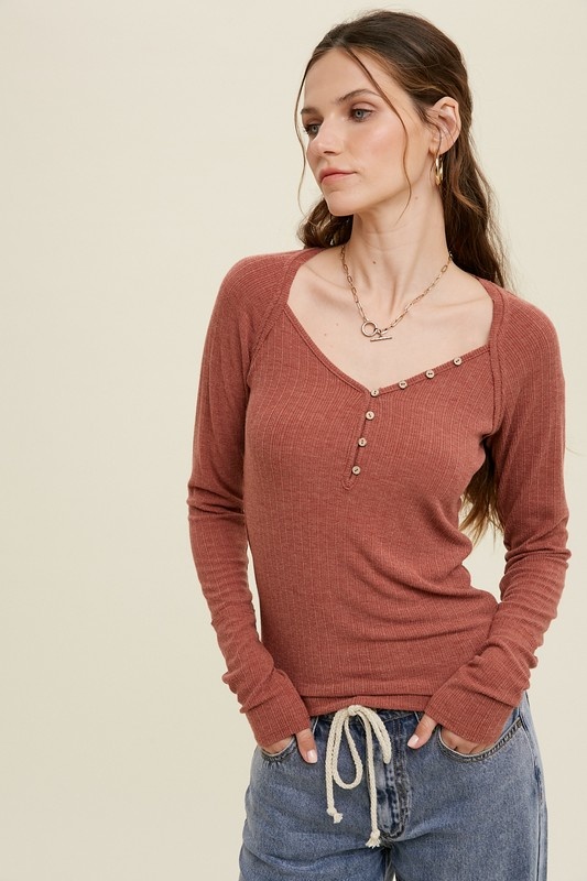 Ribbed Raglan Top w/ Buttons - 509 Broadway