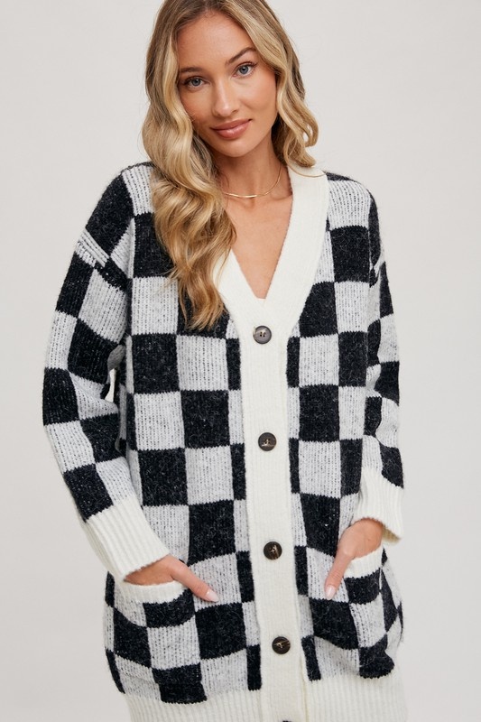 Checkered Sweater Cardigan - 509 Broadway