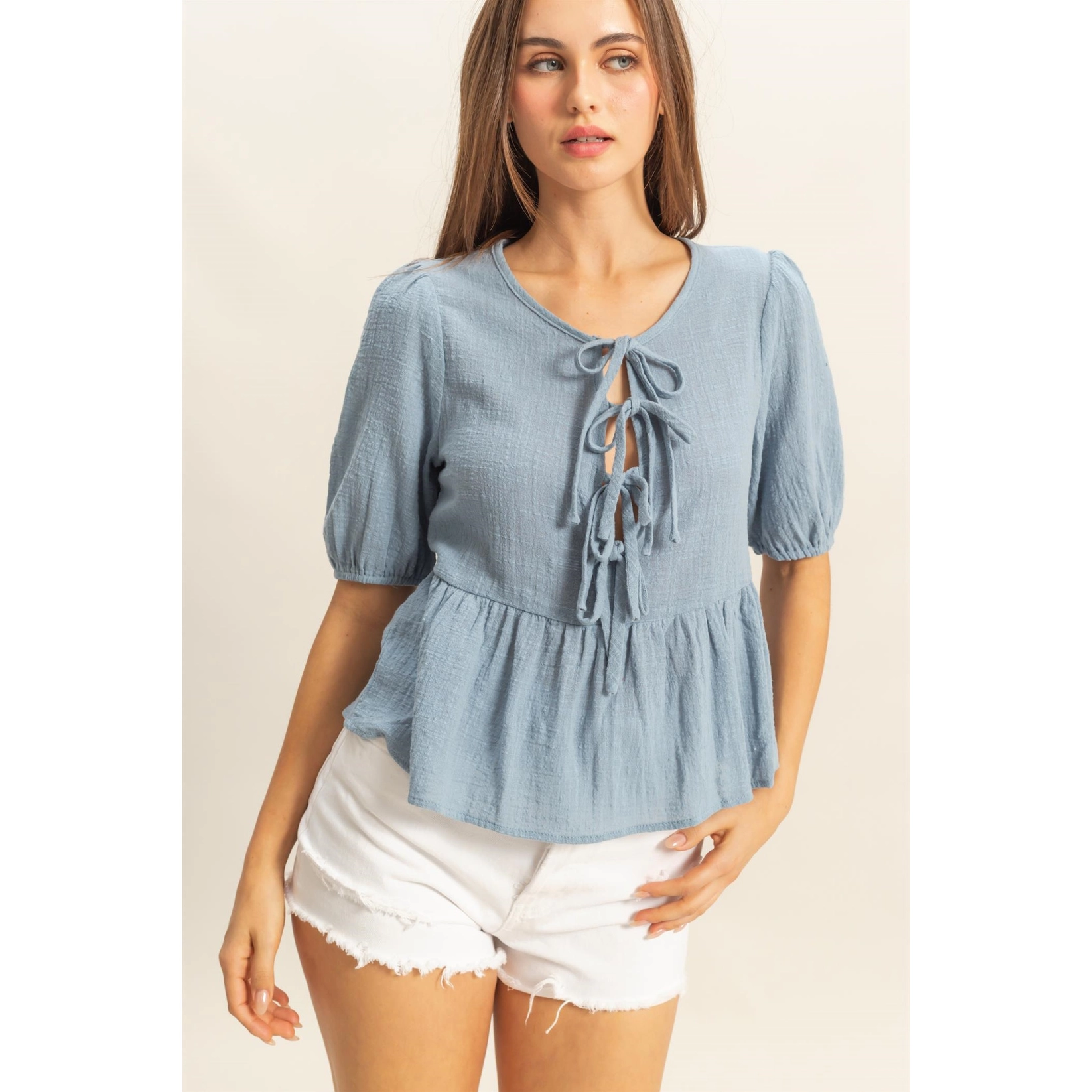 Puff Sleeve Ribbon Tie Peplum Blouse - 509 Broadway