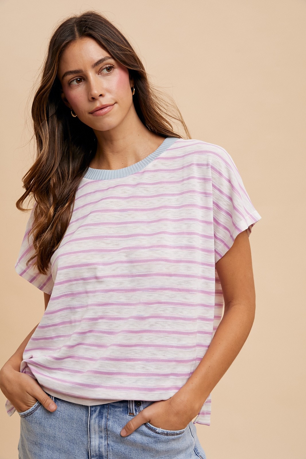 Contrast Neck Band Stripe T Shirt - 509 Broadway