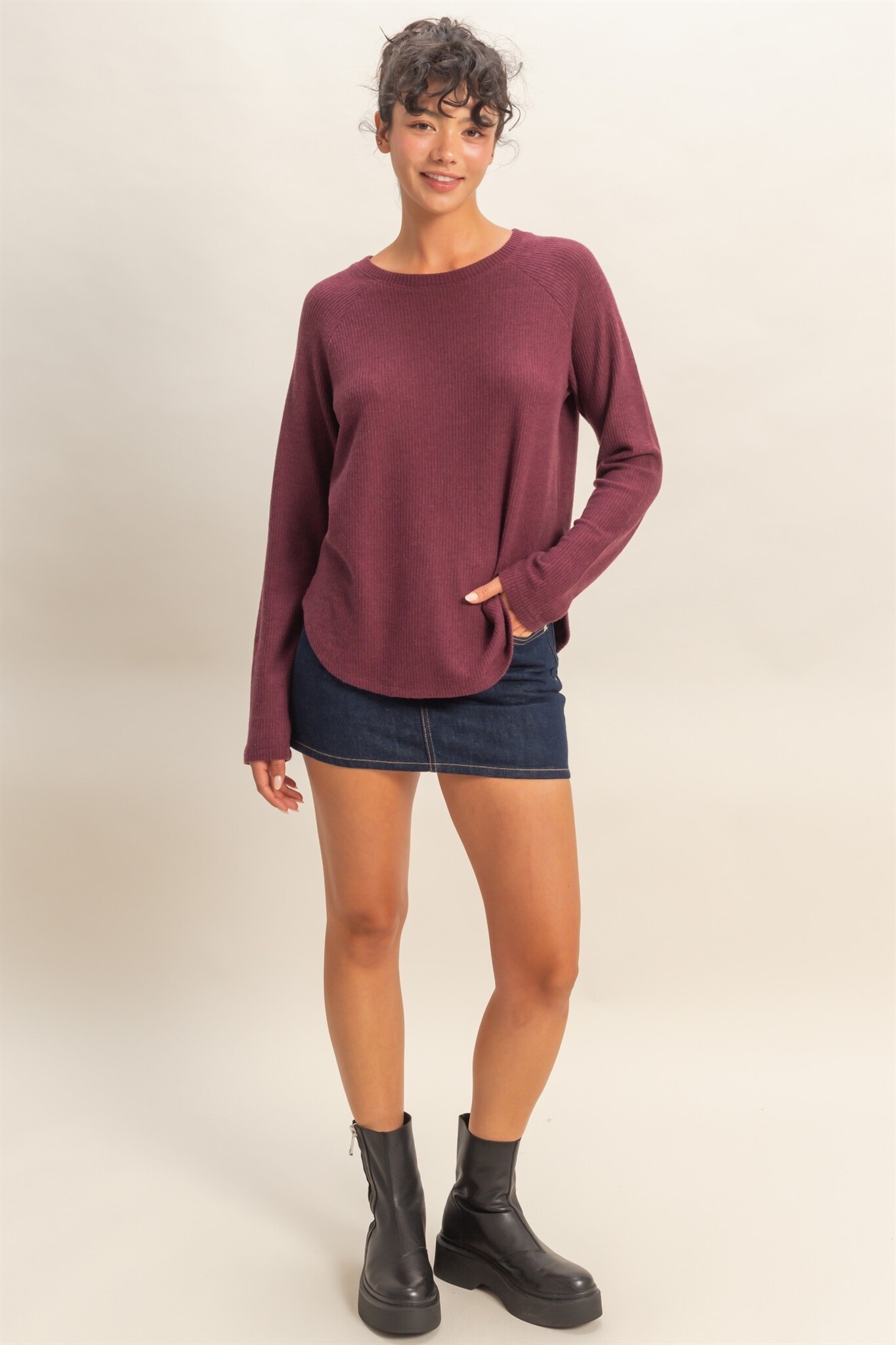 Brushed Waffle Raglan Top - 509 Broadway