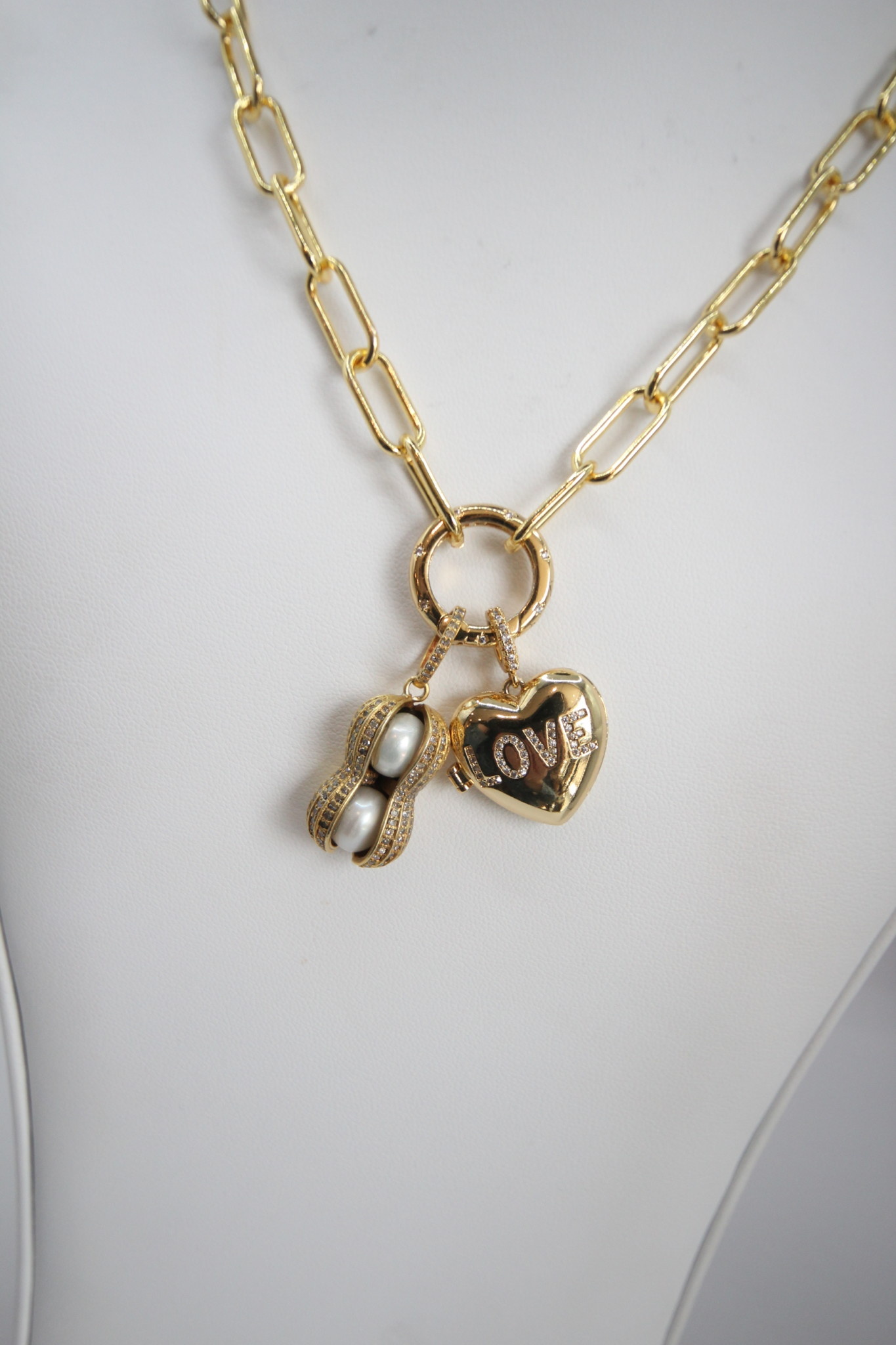 Diamond Peanut and Puffy Heart Gold Link Chain - Mina Danielle Jewelry
