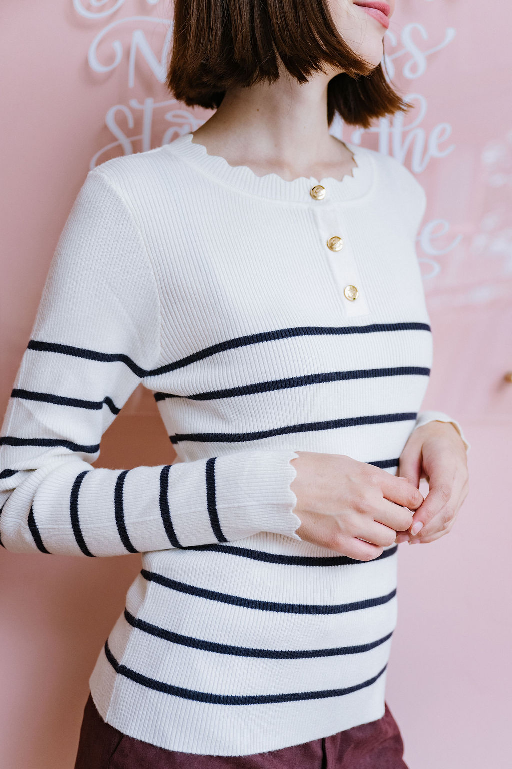 Marie Knit Henley with Scallopped Details in Navy Stripe - Adorn Boutique
