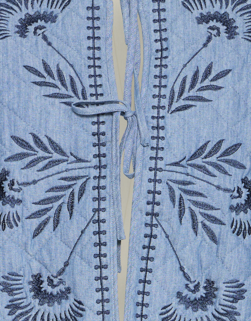 Kissa 100% Cotton Quilted Embroidered Jacket in Mid Blue Denim - Adorn ...