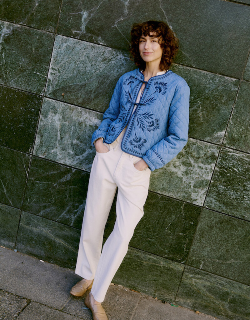 Kissa 100% Cotton Quilted Embroidered Jacket in Mid Blue Denim - Adorn ...