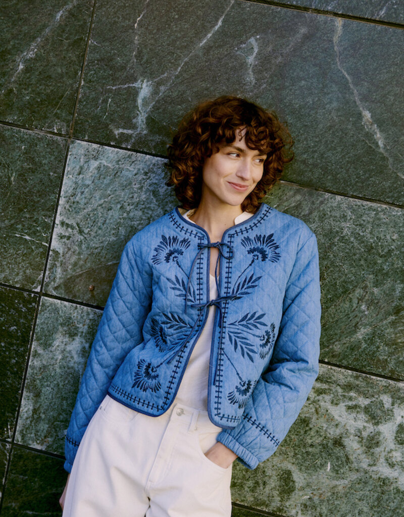 Kissa 100% Cotton Quilted Embroidered Jacket in Mid Blue Denim - Adorn ...