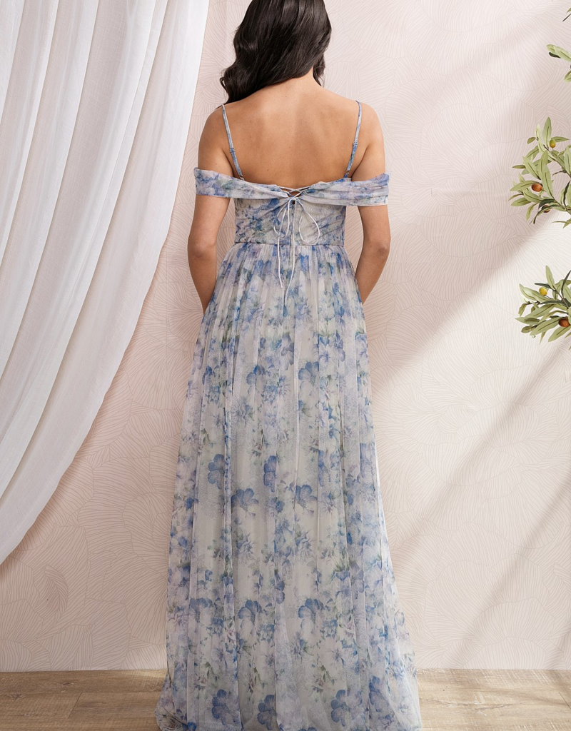 Emery Lace Back Mesh Maxi Dress with Boning in Sage Blue Floral - Adorn ...