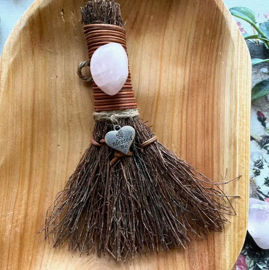 Blessed Be Witch's Besom, Witch Broom w/ Crystal: Rose Quartz ...