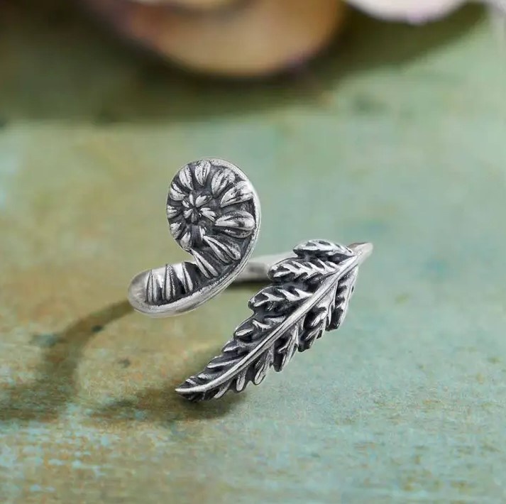 Sterling Silver Adjustable Fern Ring - Becca