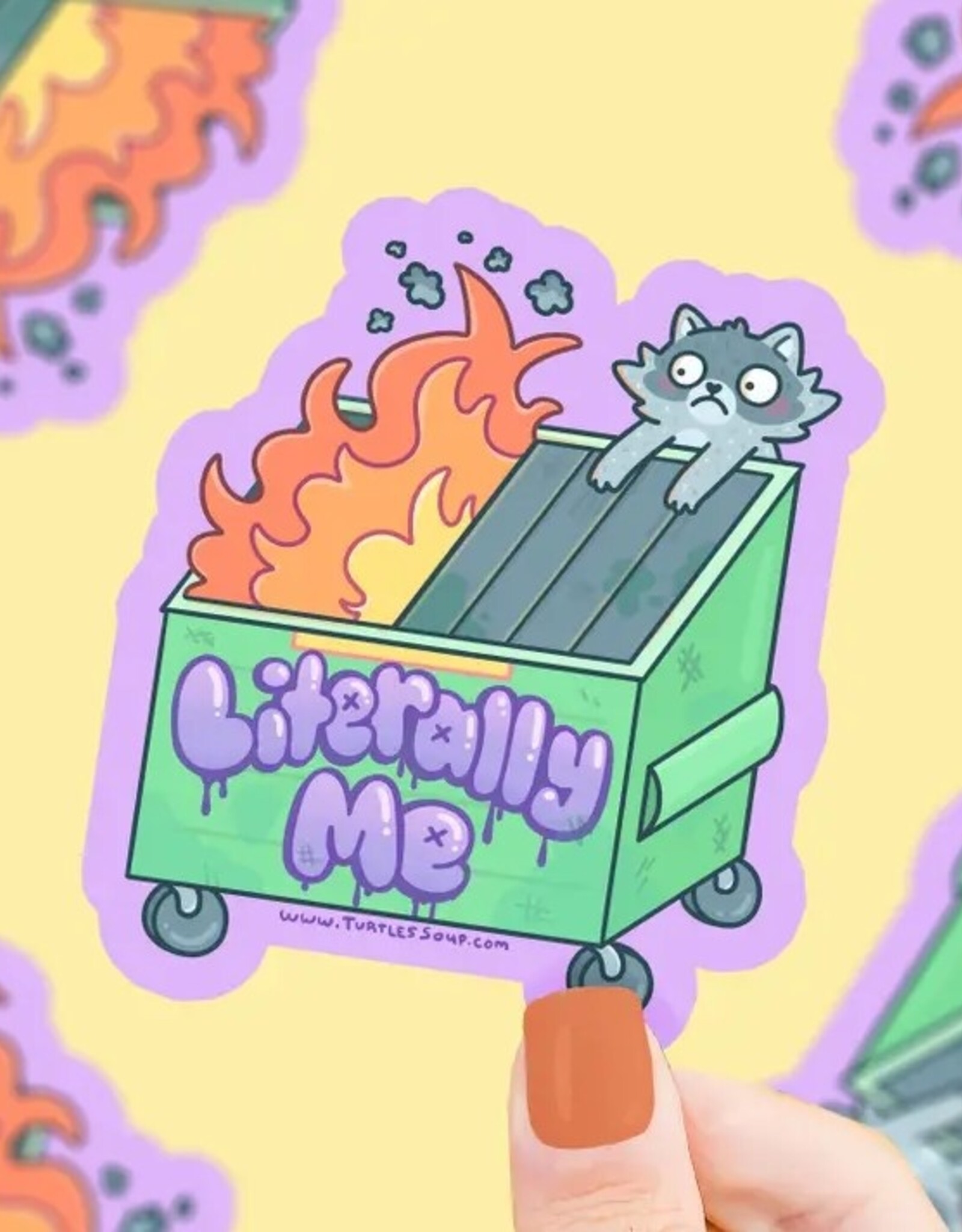 -Dumpster Fire Literally Me Raccoon Funny Vinyl Sticker - Becca