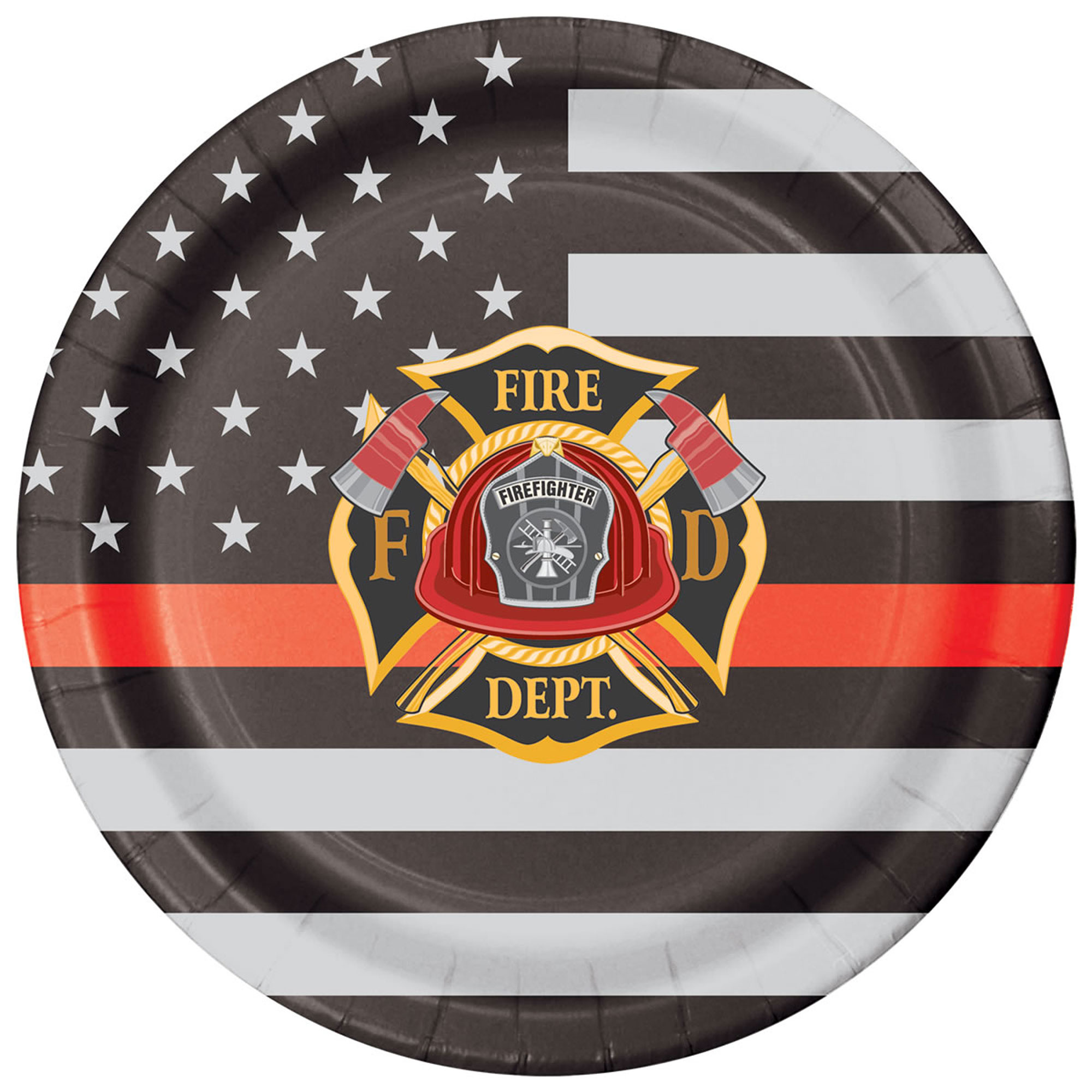 Thin Red Line – Plates Round 9″ with Fire Dept insignia 8-pack - Party On!