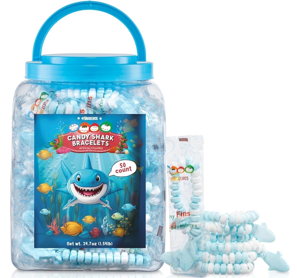 50 Shark Candy Bracelets Individually Wrapped - Party On!