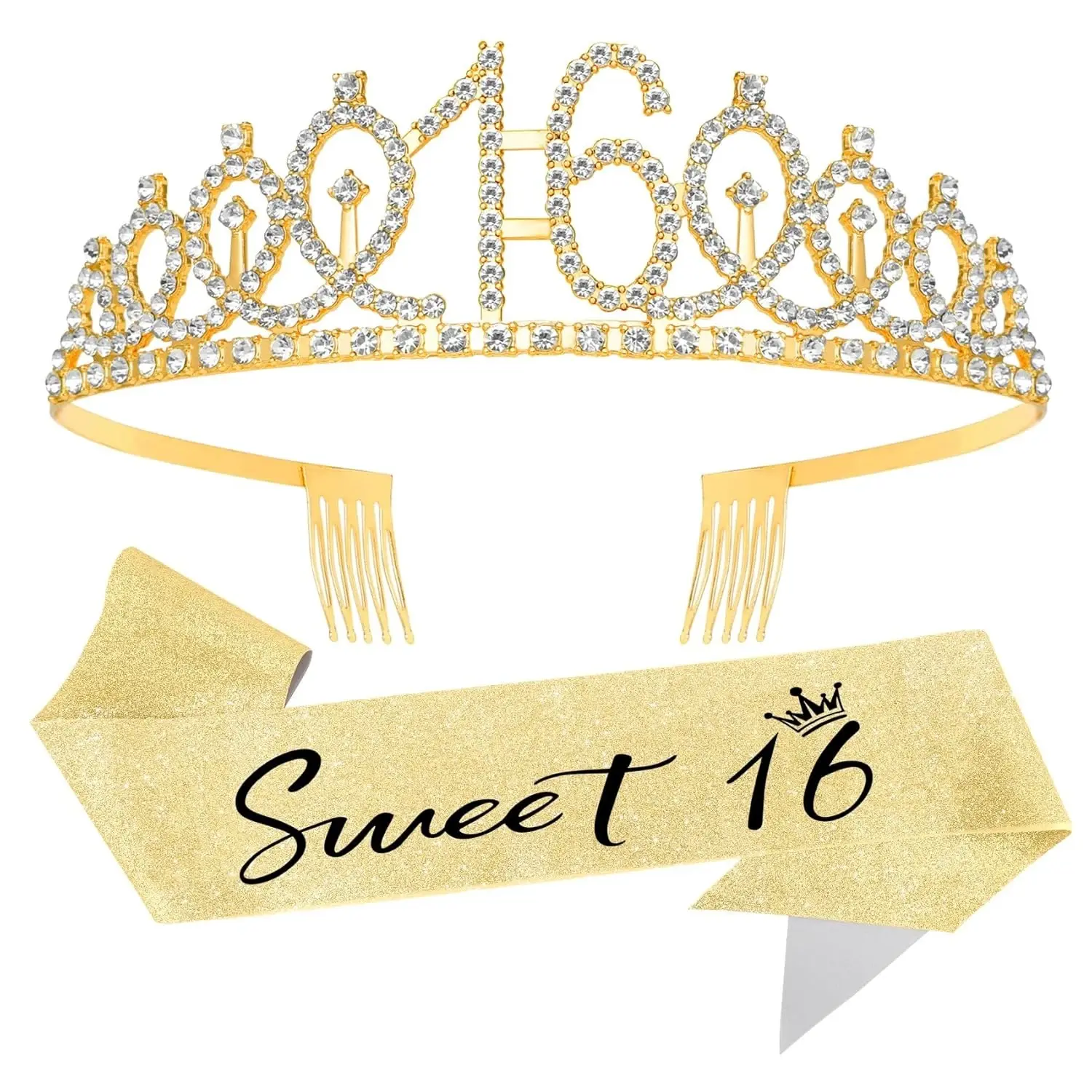 16th Birthday Crown and Sash Kit- "Sweet 16" Gold - Party On!
